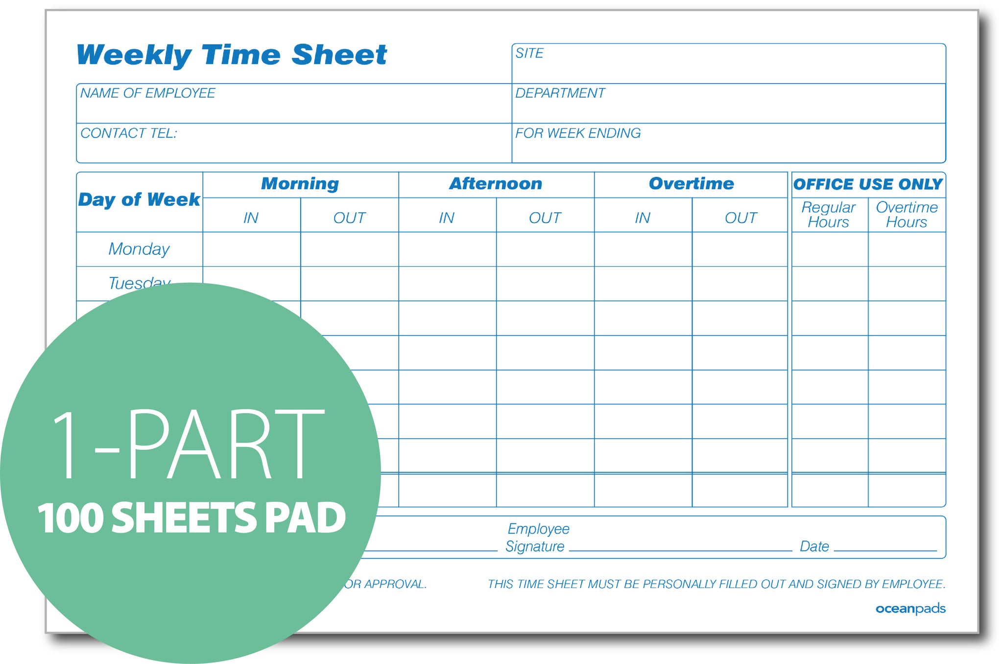 Weekly Employee Timesheet Pad, 1-Part 80gsm Paper (69530) – Ocean Pads