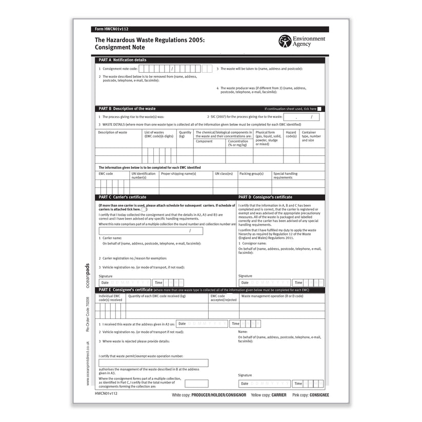 Environment Agency Hazardous Waste Consignment Note HWCN01v112 (70208 ...